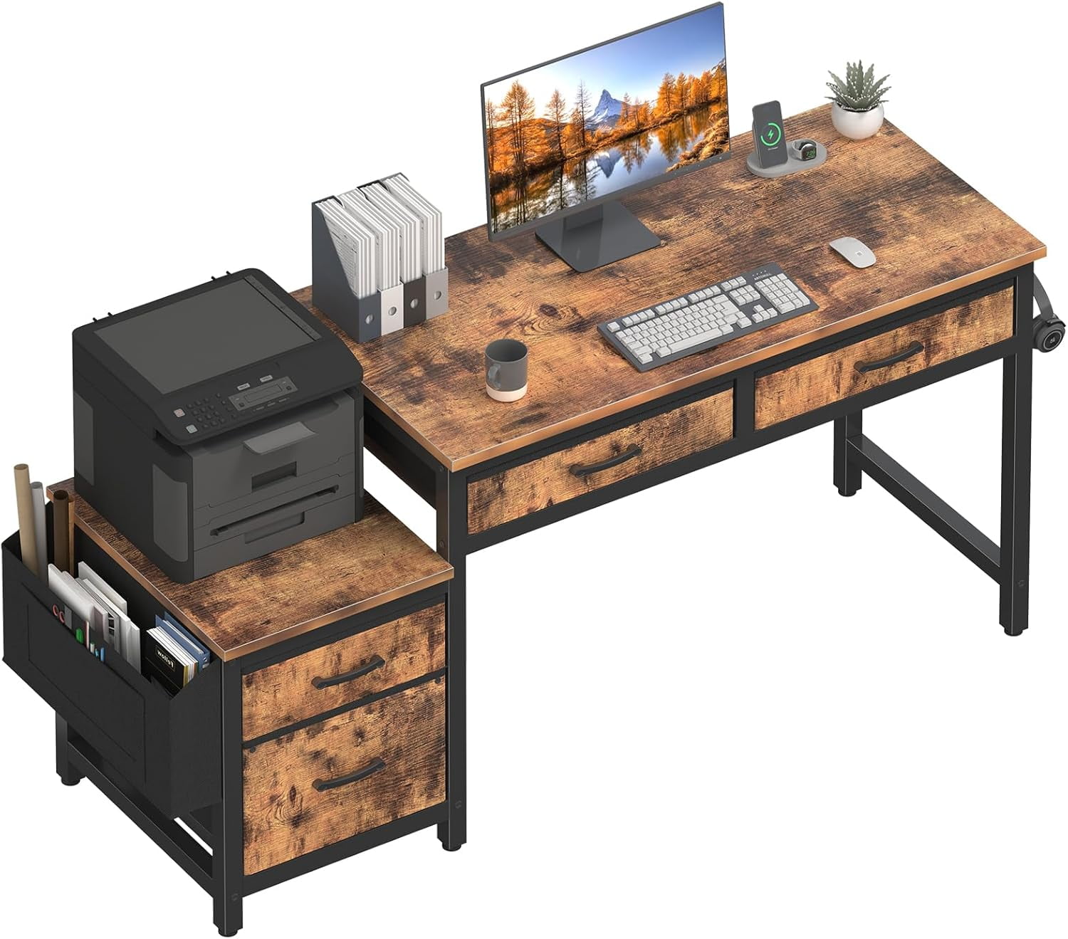 Computer Desk with Fabric File Drawers Cabinet, 57 Inch Home Office ...