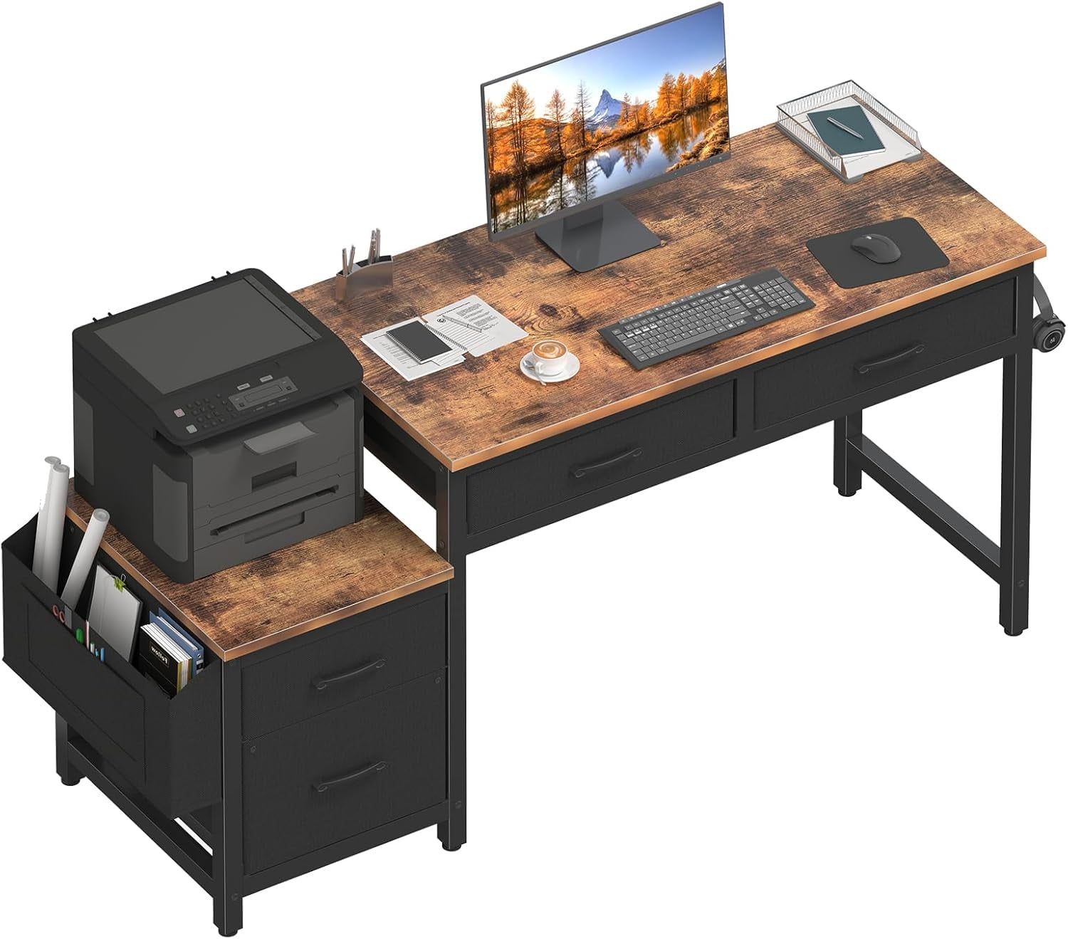Computer Desk with Fabric File Drawers Cabinet, 57 Inch Home Office ...