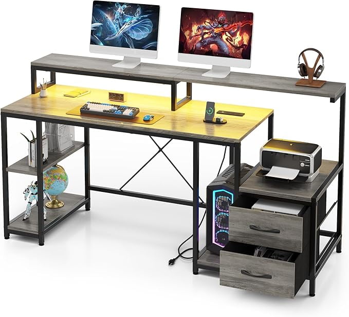 Computer Desk with File Drawer - 63" Home Office Desk Featuring LED ...