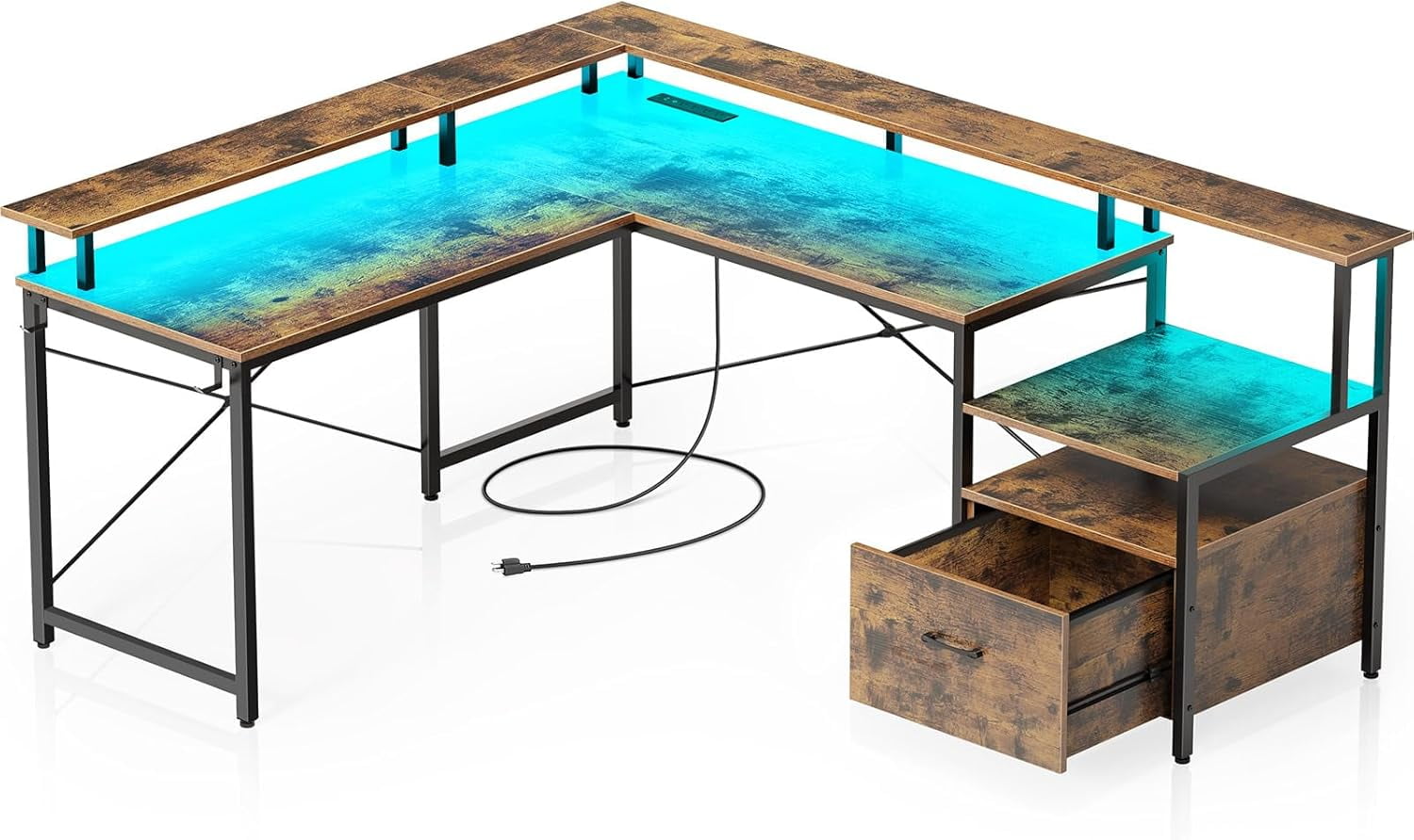 Computer Desk with File Drawer, 64" Reversible L Shaped Desk with Power ...