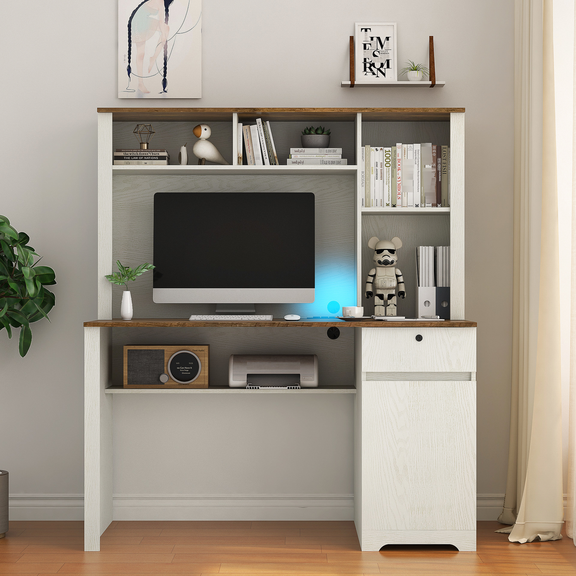 Computer Desk For Home: Wood With Storage, 3 Ac Outlets, 2 Ports, Night ...