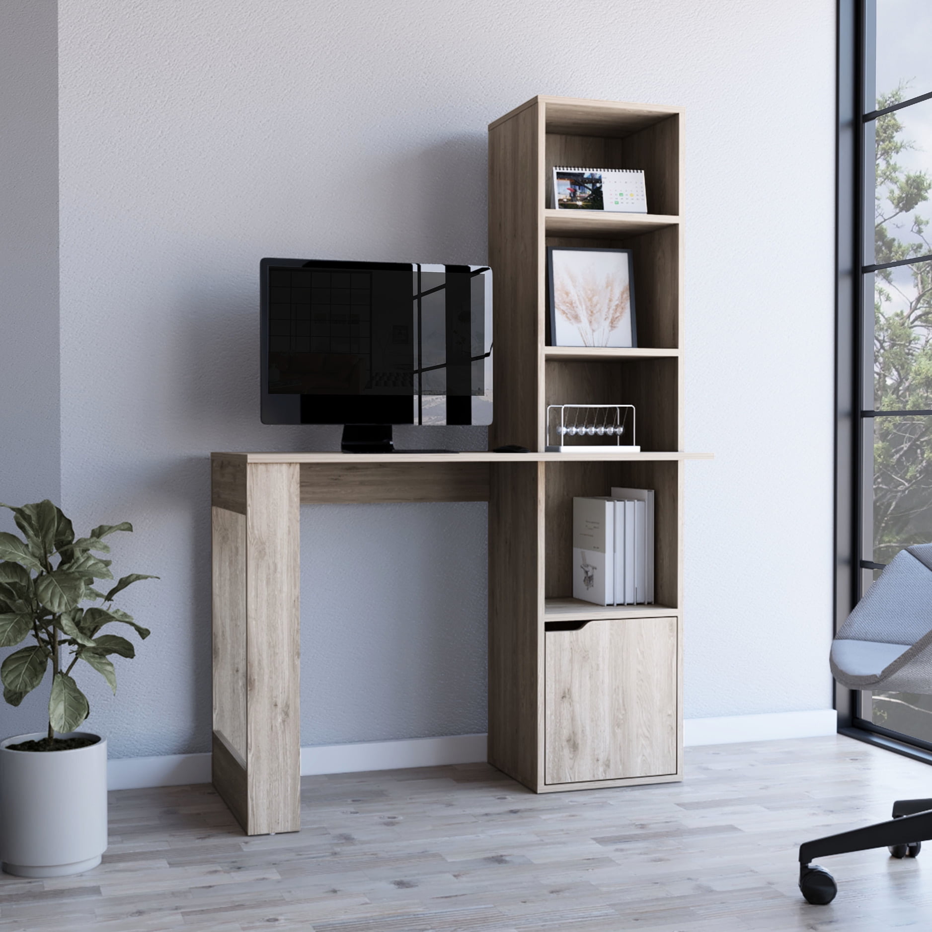 Computer Desk In Grey - Large Work Surface With Bookcase 25.1"w X 17.7 ...