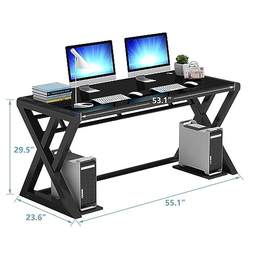 Computer Desk, Home Office Desks, Modern Glass Top X-Frame Metal ...