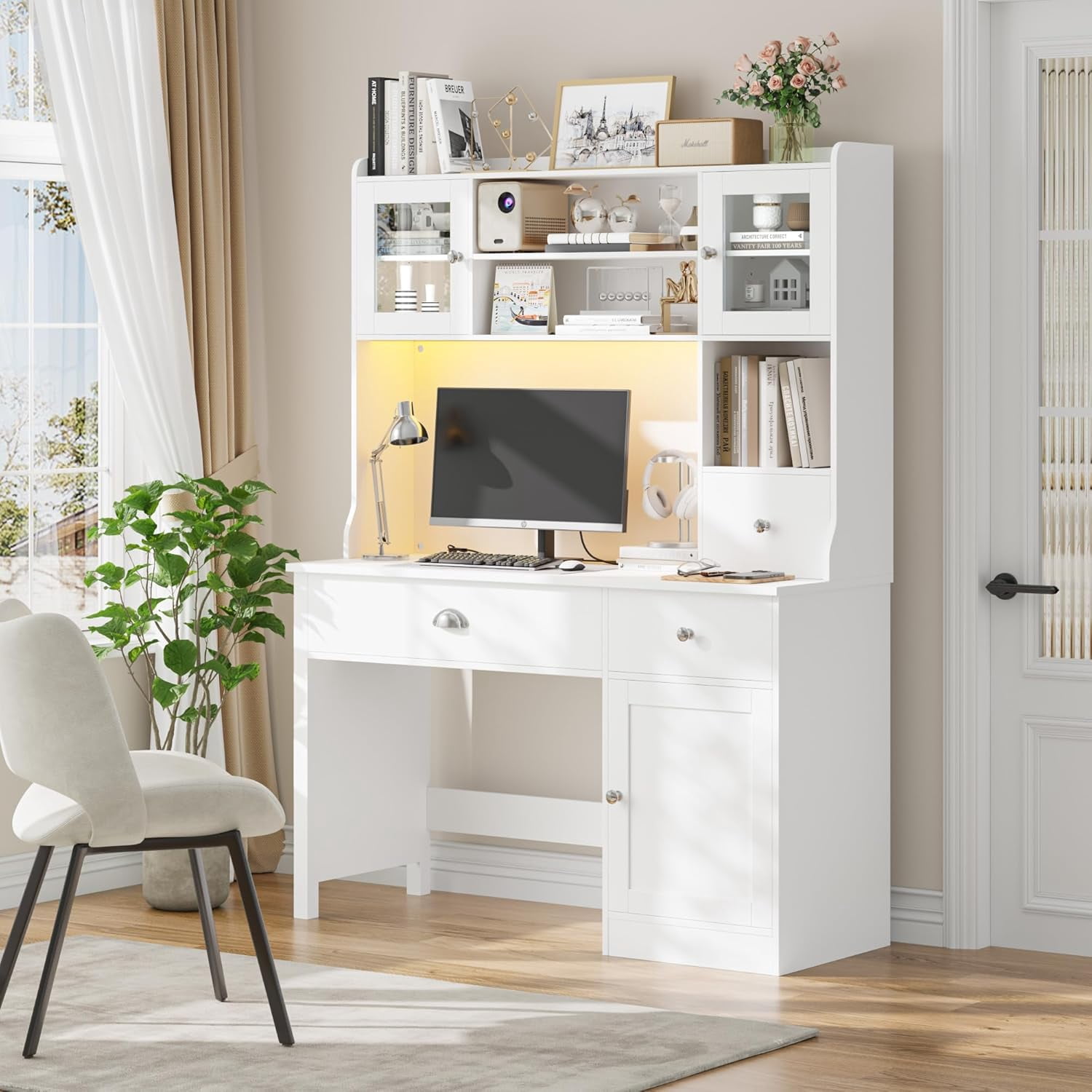 Computer Desk with Hutch and RGB Lights, 65" Office Desk with Power ...