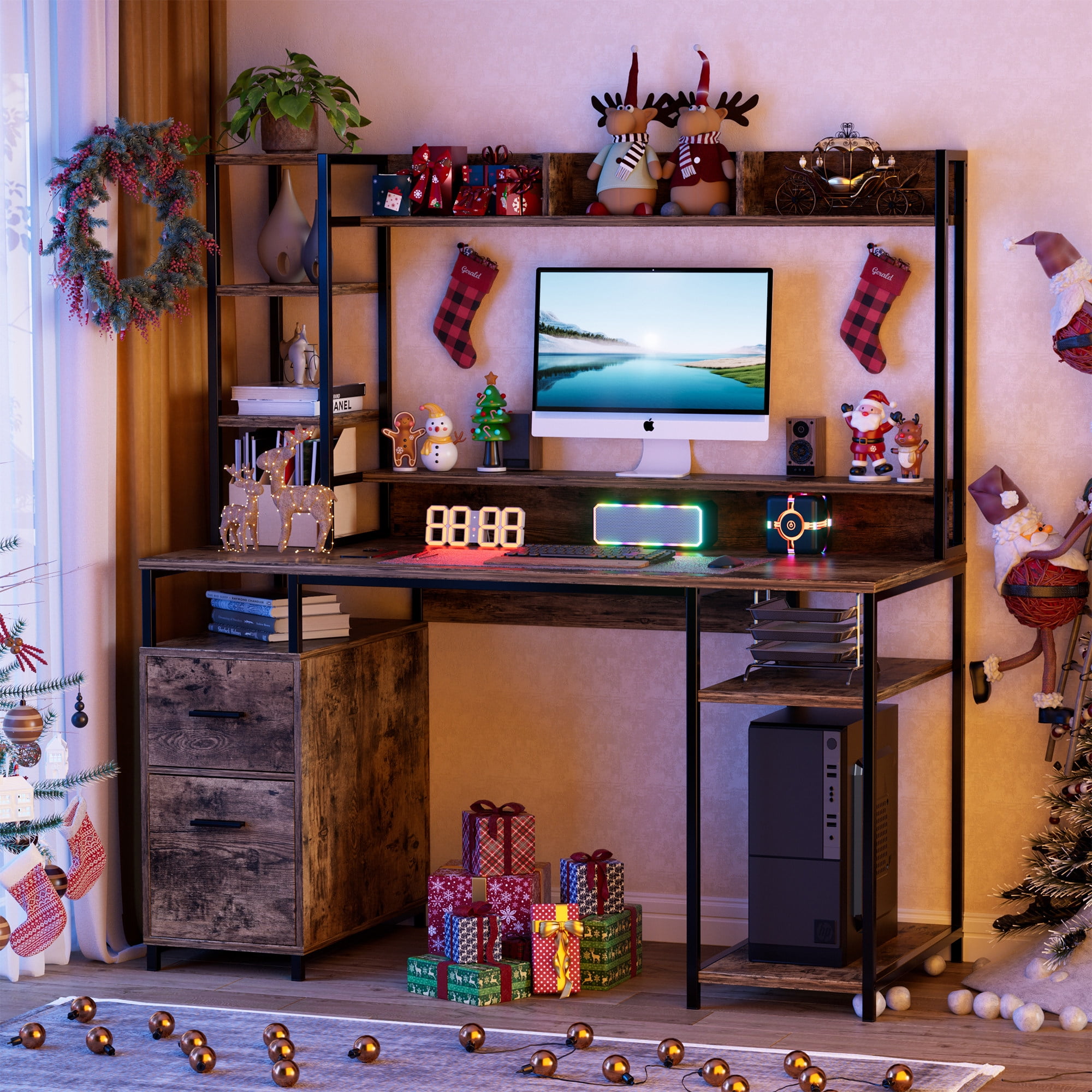 "TZUTOGETHER 65"" Wooden Computer Desk with Hutch, Storage Shelves ...