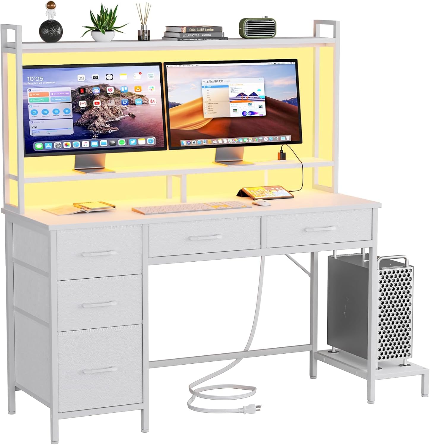 Computer Desk with Hutch, White Gaming Desk with Power Outlets & LED ...