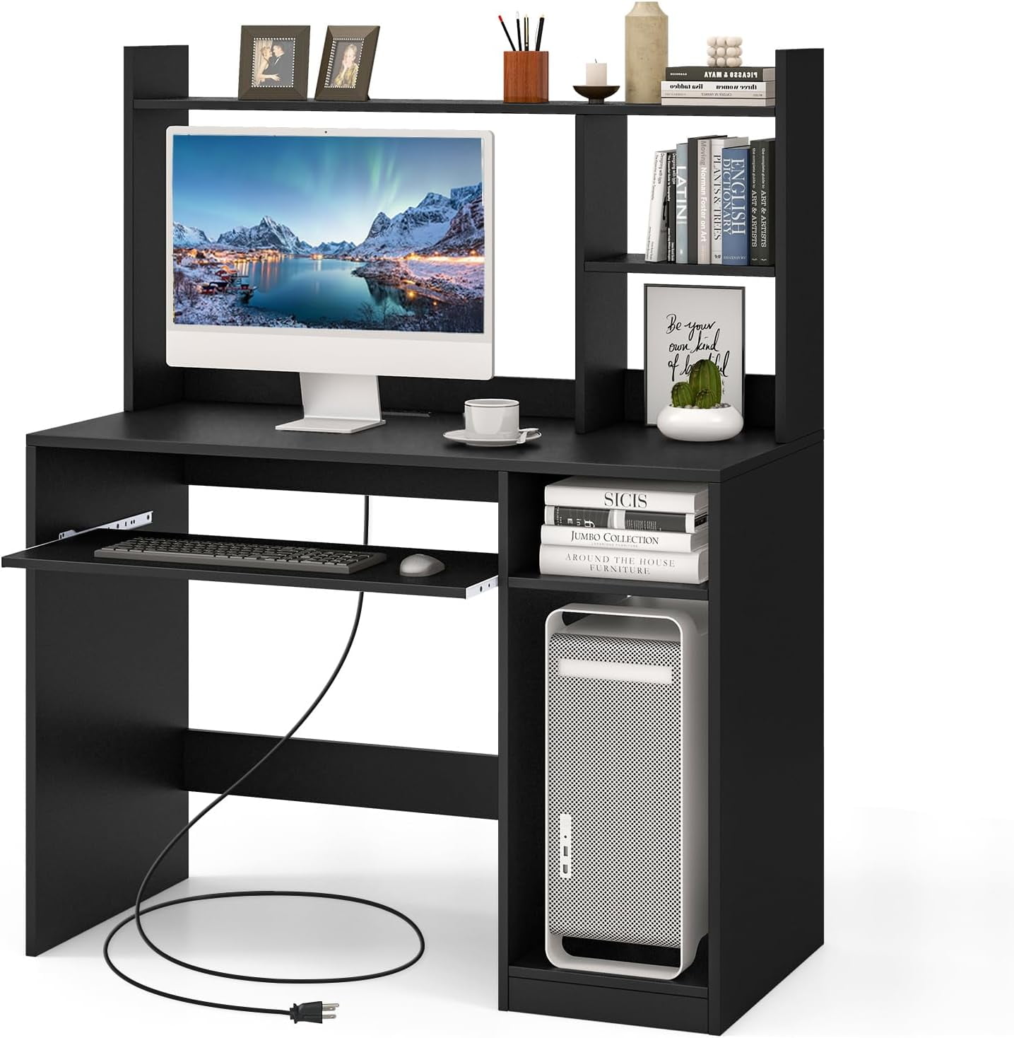 Computer Desk with Hutch, Wood Home Office Desk w/Keyboard Tray, CPU ...
