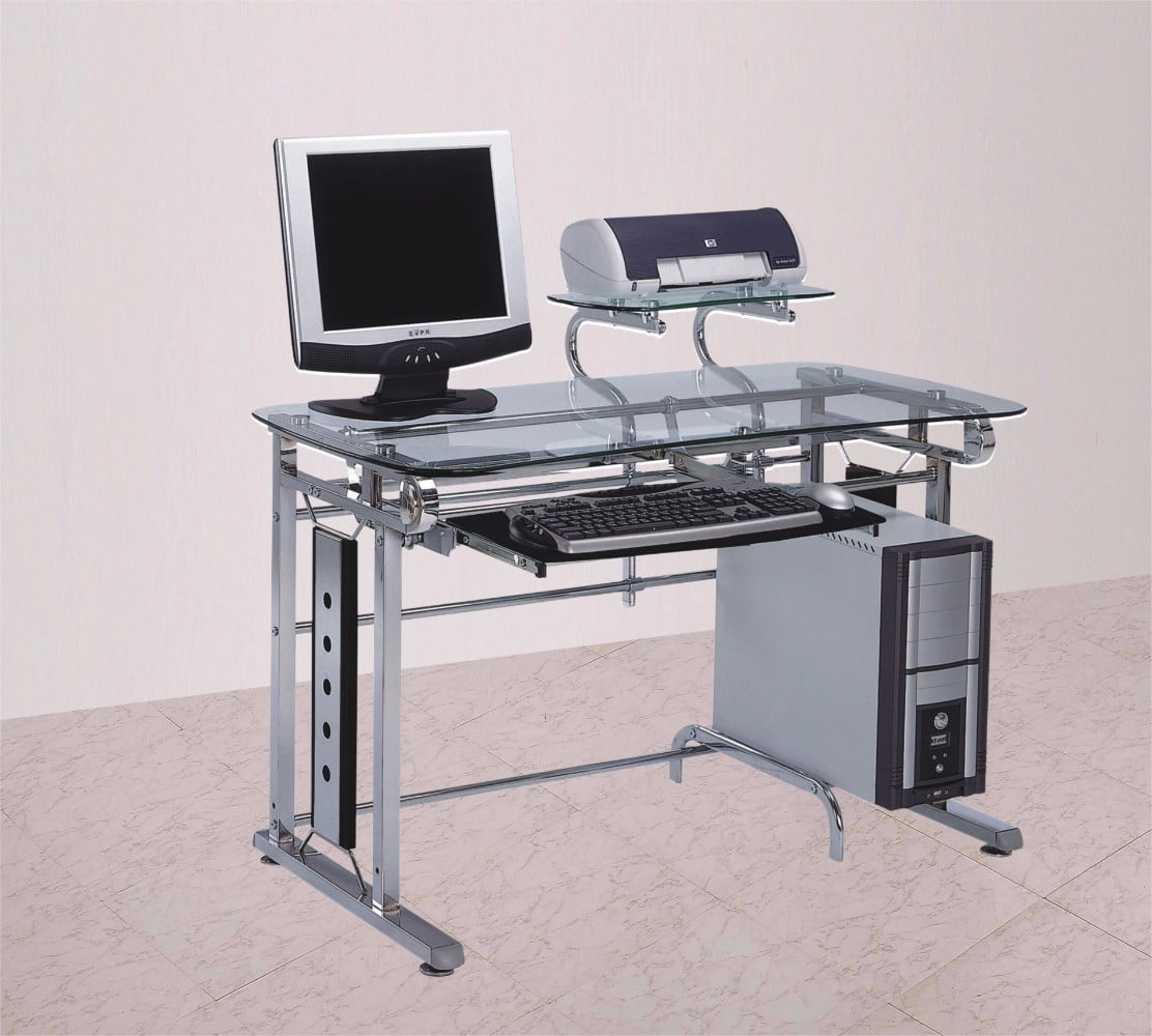Computer Desk In Contemporary Style, Silver Chrome & Clear Glass ...