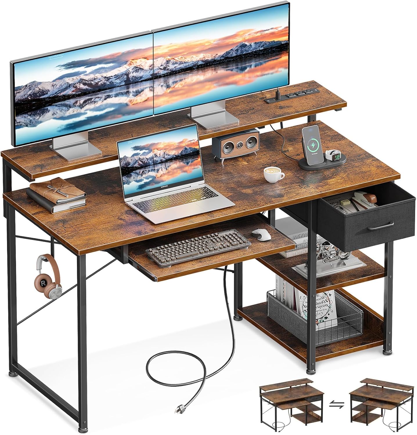 Computer Desk with Keyboard Tray 55 Inch Office Desk with Power Outlet ...