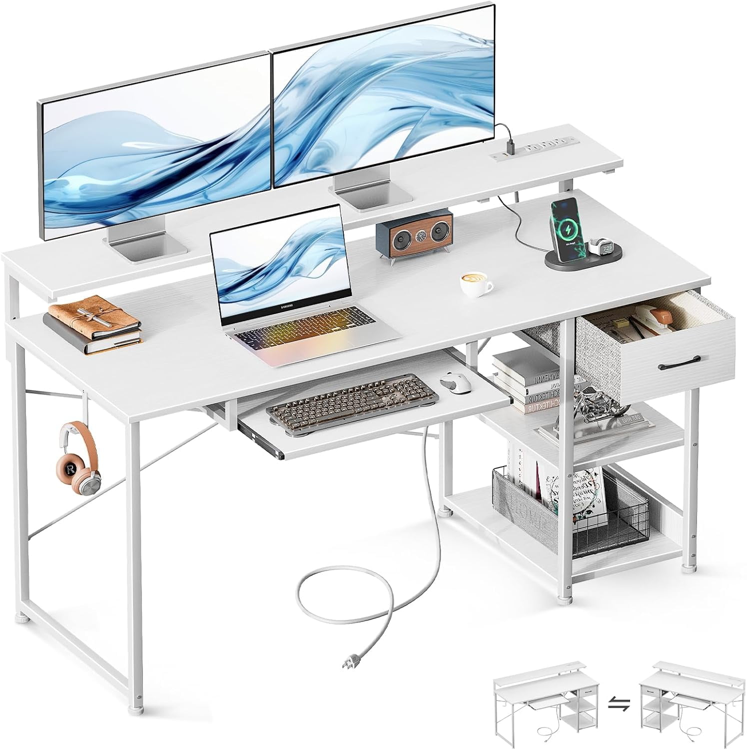 Computer Desk with Keyboard Tray 55 Inch Office Desk with Power Outlet ...