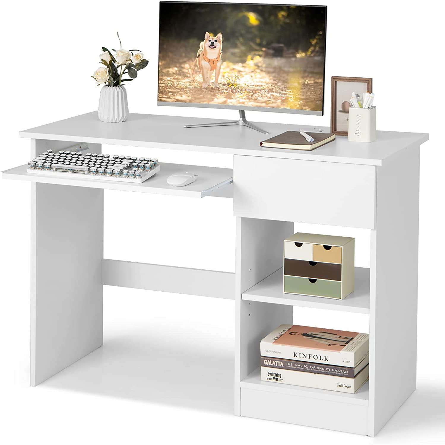 Computer Desk with Keyboard Tray Large Drawer Home Office Desk with ...