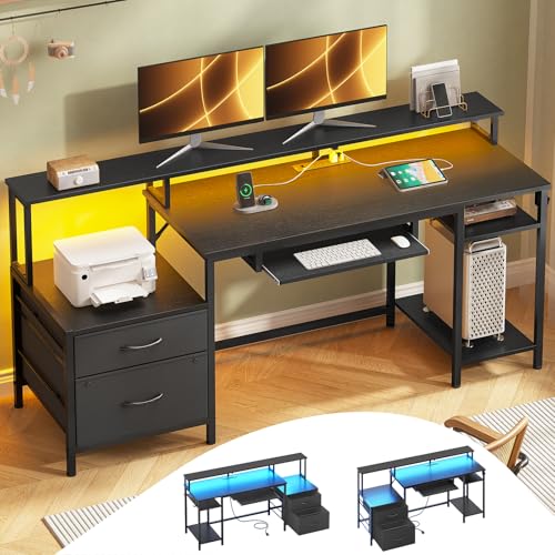 Computer Desk with Keyboard Tray, Reversible Gaming Desk with Power ...