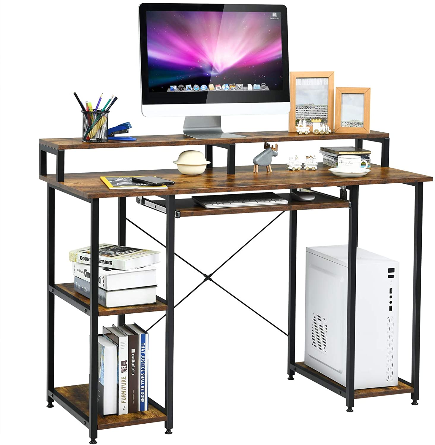 Computer Desk with Keyboard Tray & Storage Shelves, Study Writing Desk ...