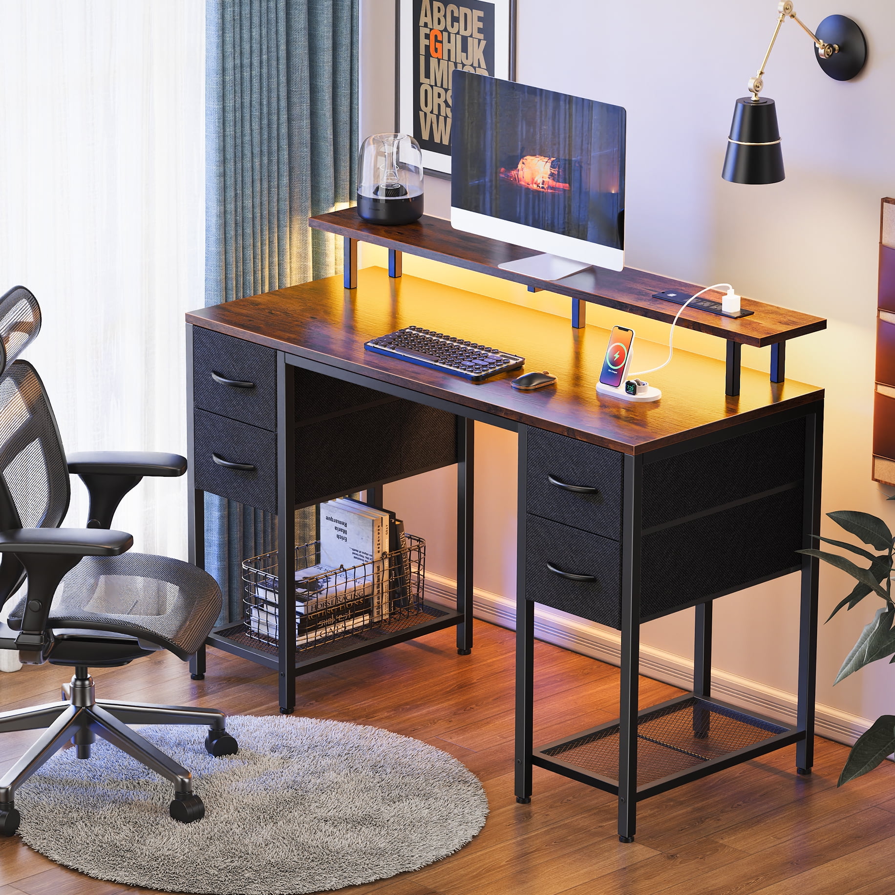 Computer Desk, LED Gaming Desk with Drawers, Office Desk with Outlets ...