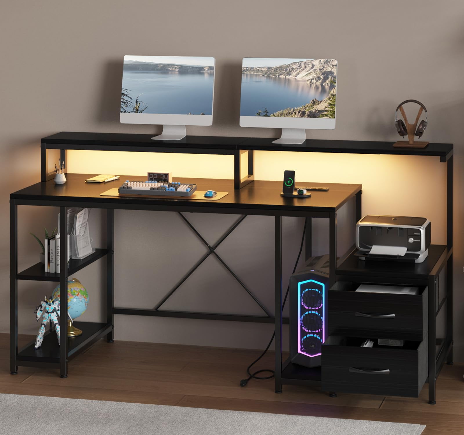 Computer Desk with LED Light & Power Outlets, Home Office Desk with ...