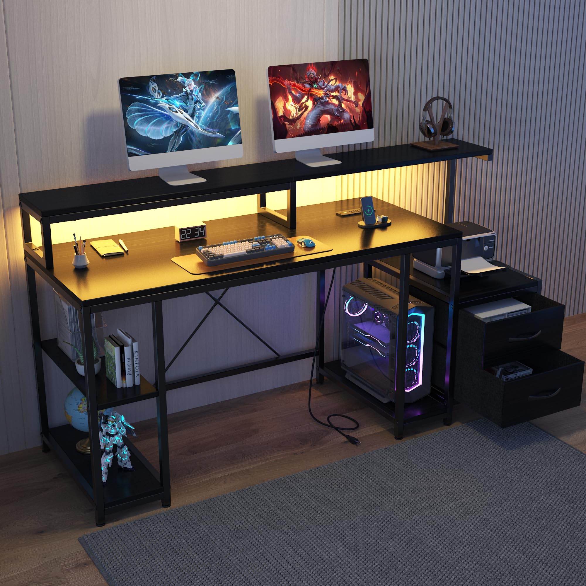 Computer Desk with LED Light & Power Outlets, Home Office Desk with ...