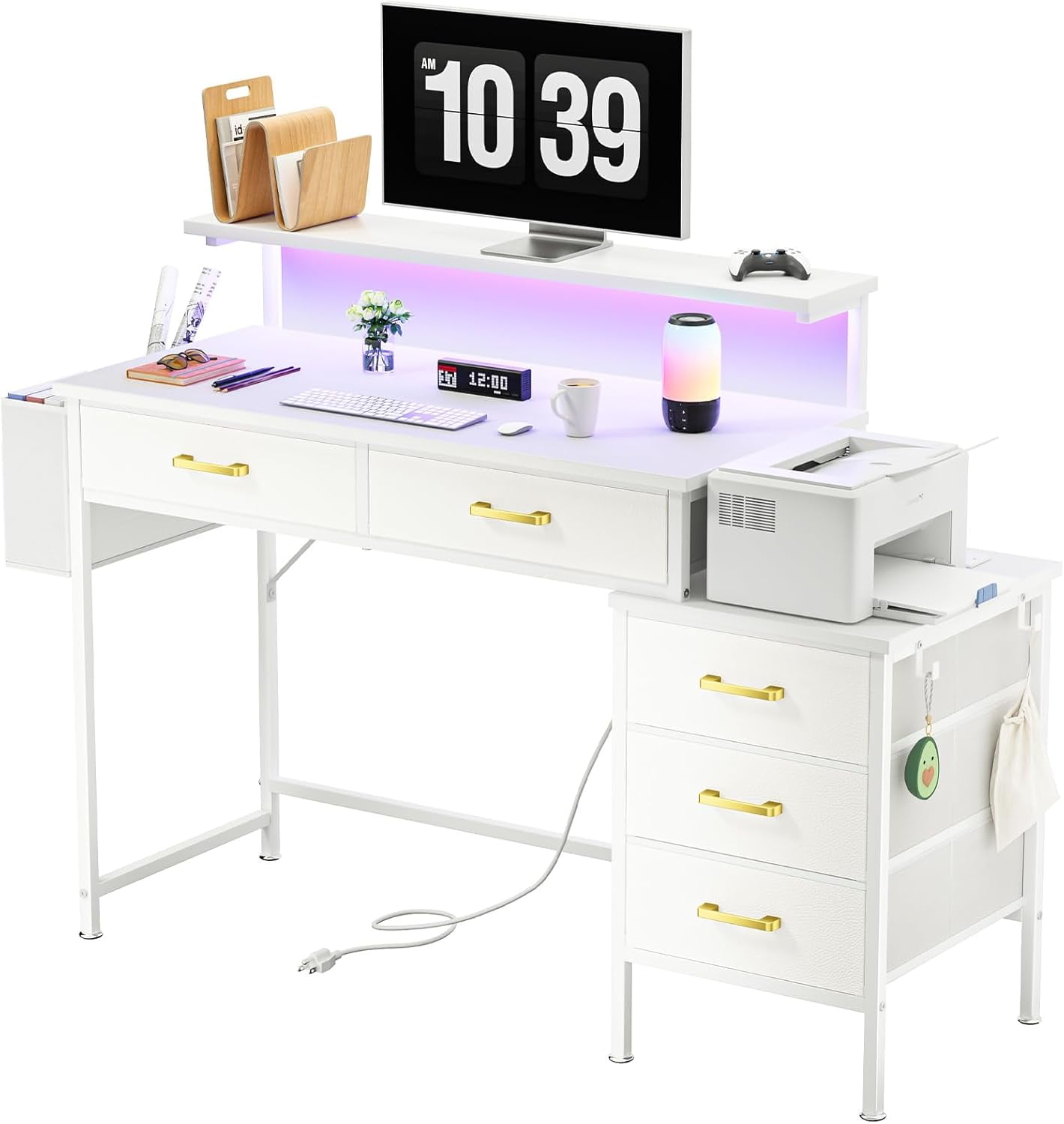 Computer Desk with LED Lights&Charging Station, Home Office Desks with ...