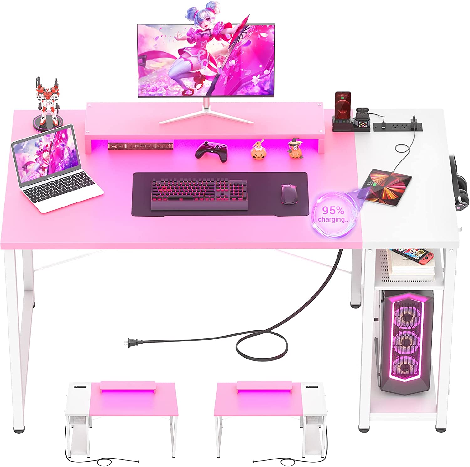 Computer Desk with LED Lights, Gaming Desk with Power Outlet and USB ...