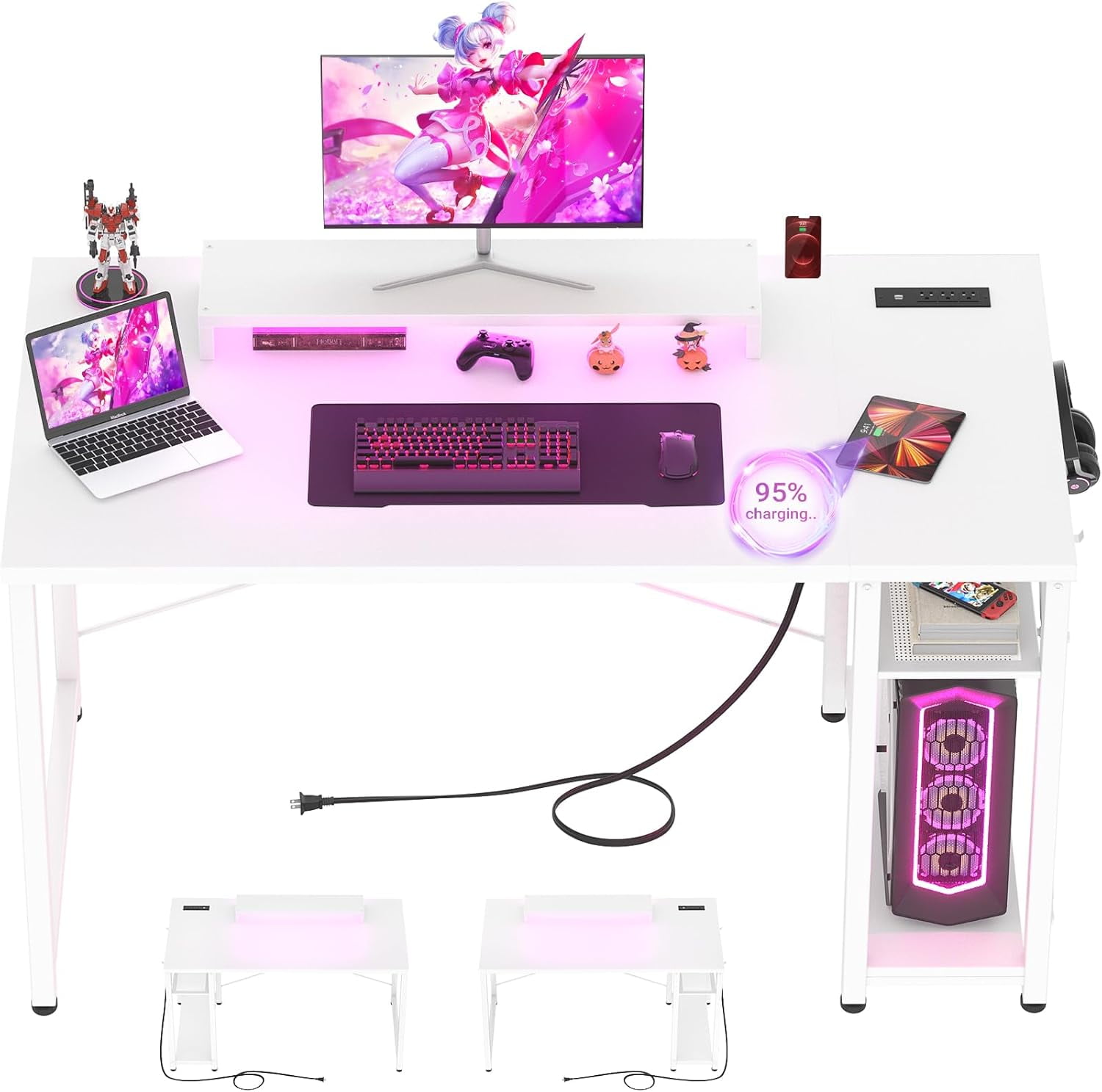 Computer Desk with LED Lights, Gaming Desk with Power Outlet and USB ...