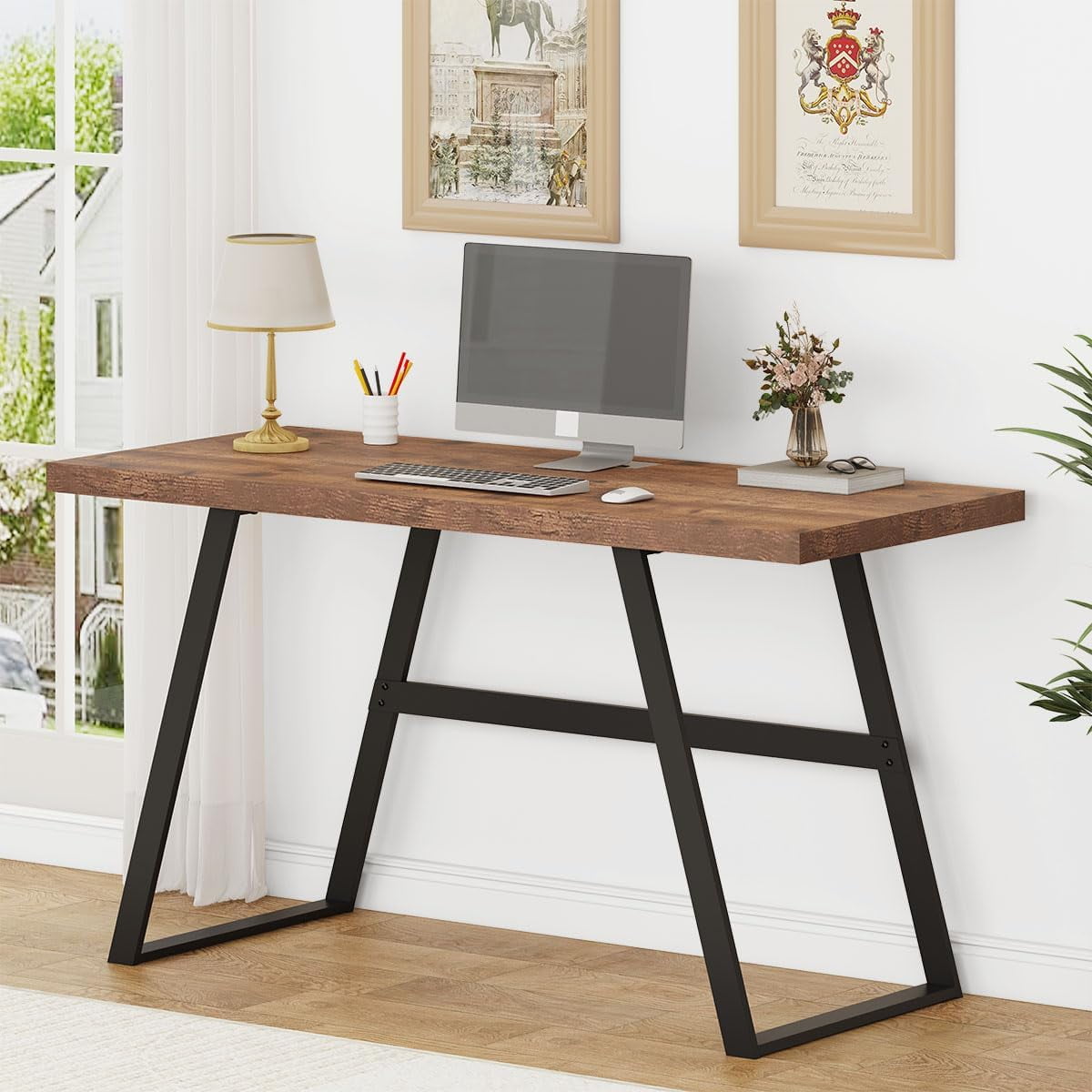 Computer Desk, Modern Simple Wood Home Office Desk, Wood and Metal PC ...