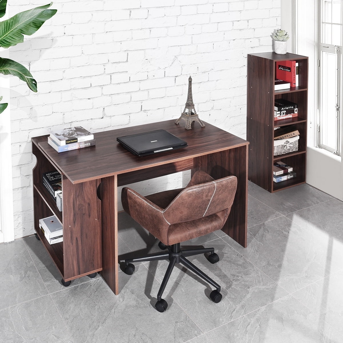 Computer Desk with Movable Bookcase, 47.4" L Corner Desk Study Writing ...