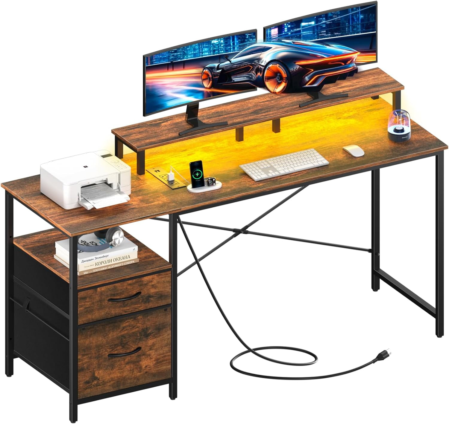 Computer Desk, Office Desk with LED Lights & Power Outlets, Gaming Desk ...