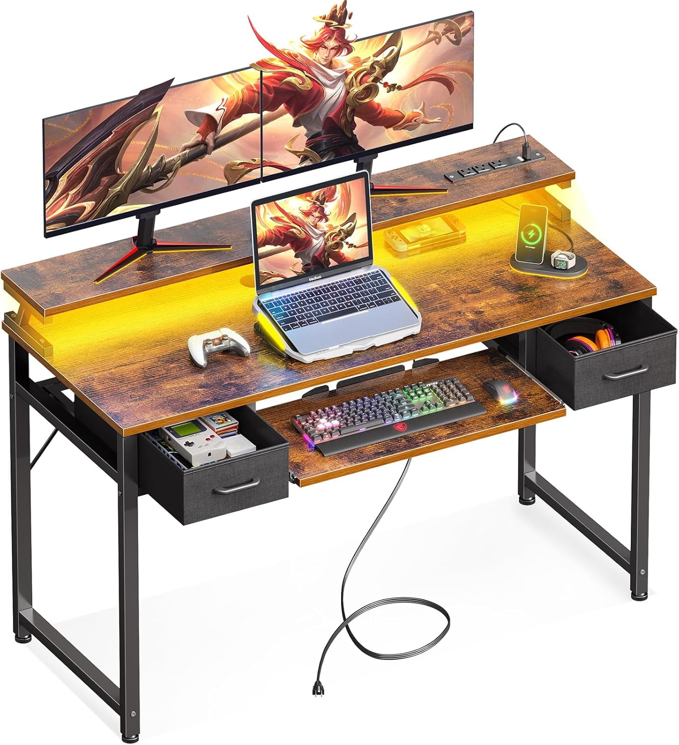 Computer Desk Office Table, 48 Inch Gaming Desk with Led Lights and ...