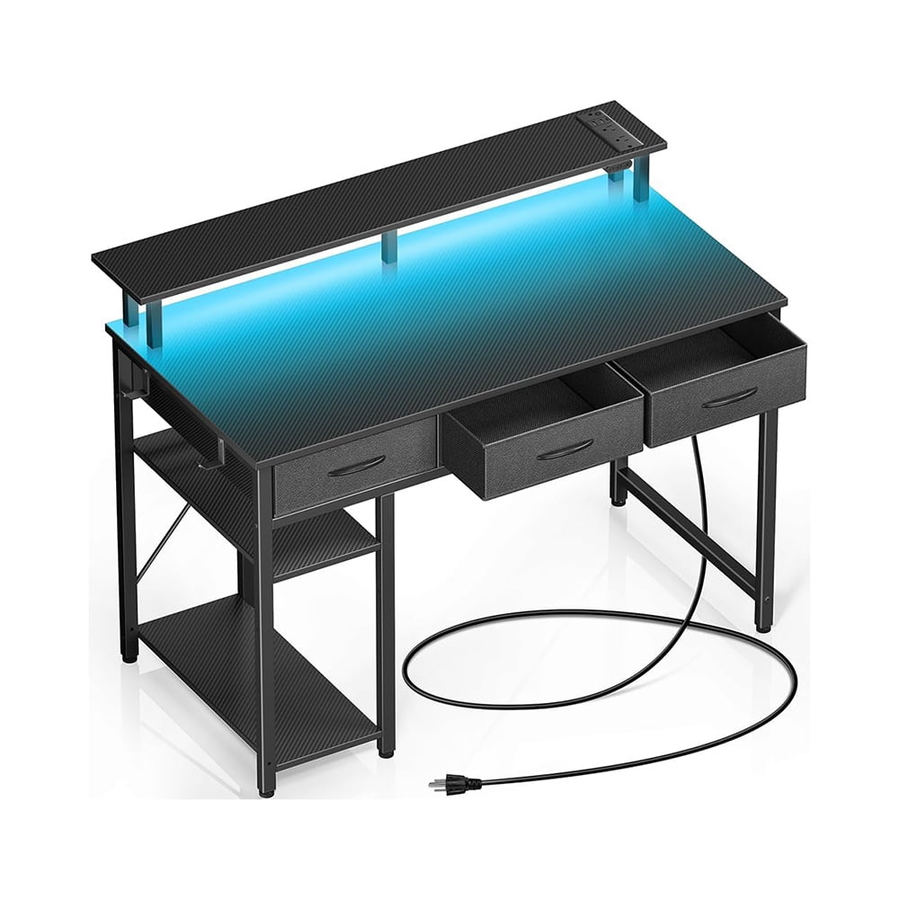 Computer Desk with Power Outlets & LED Light, 39 inch Home Office Desk ...