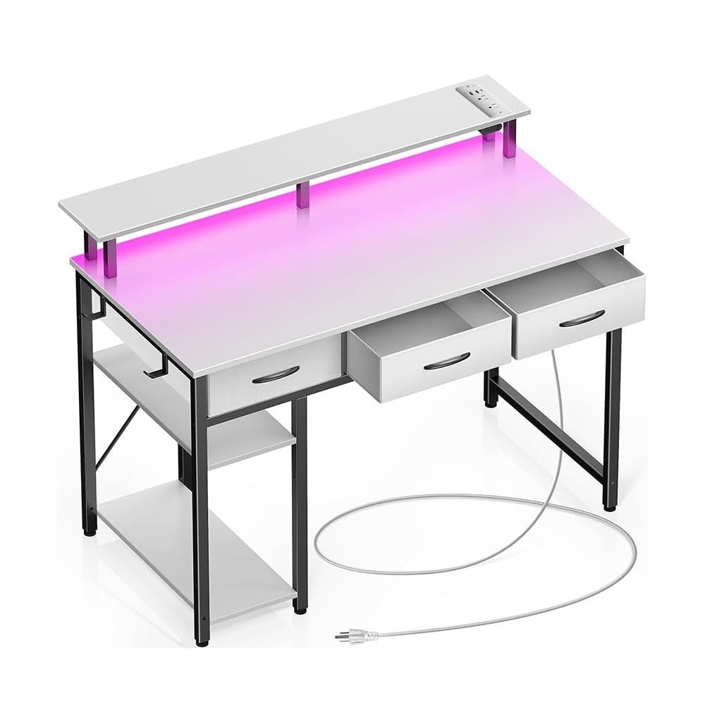 Computer Desk with Power Outlets & LED Light, 39 inch Home Office Desk ...
