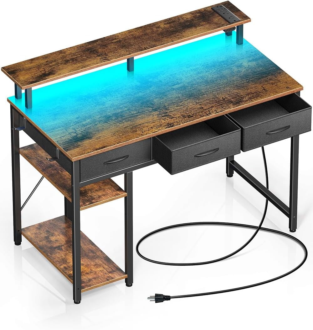 Computer Desk with Power Outlets & LED Light, 39 inch Home Office Desk ...