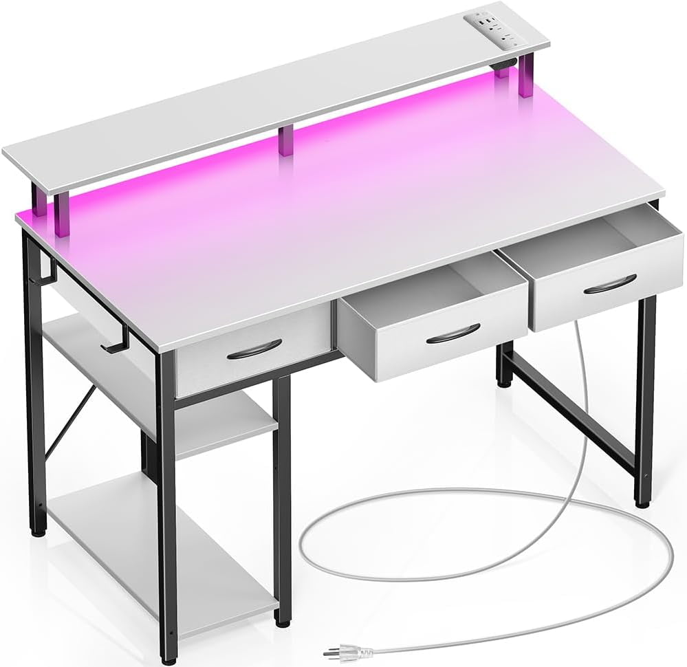 Computer Desk with Power Outlets & LED Light, 39 inch Home Office Desk ...