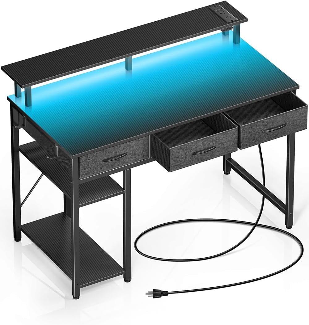 Computer Desk with Power Outlets & LED Light, 39 inch Home Office Desk ...