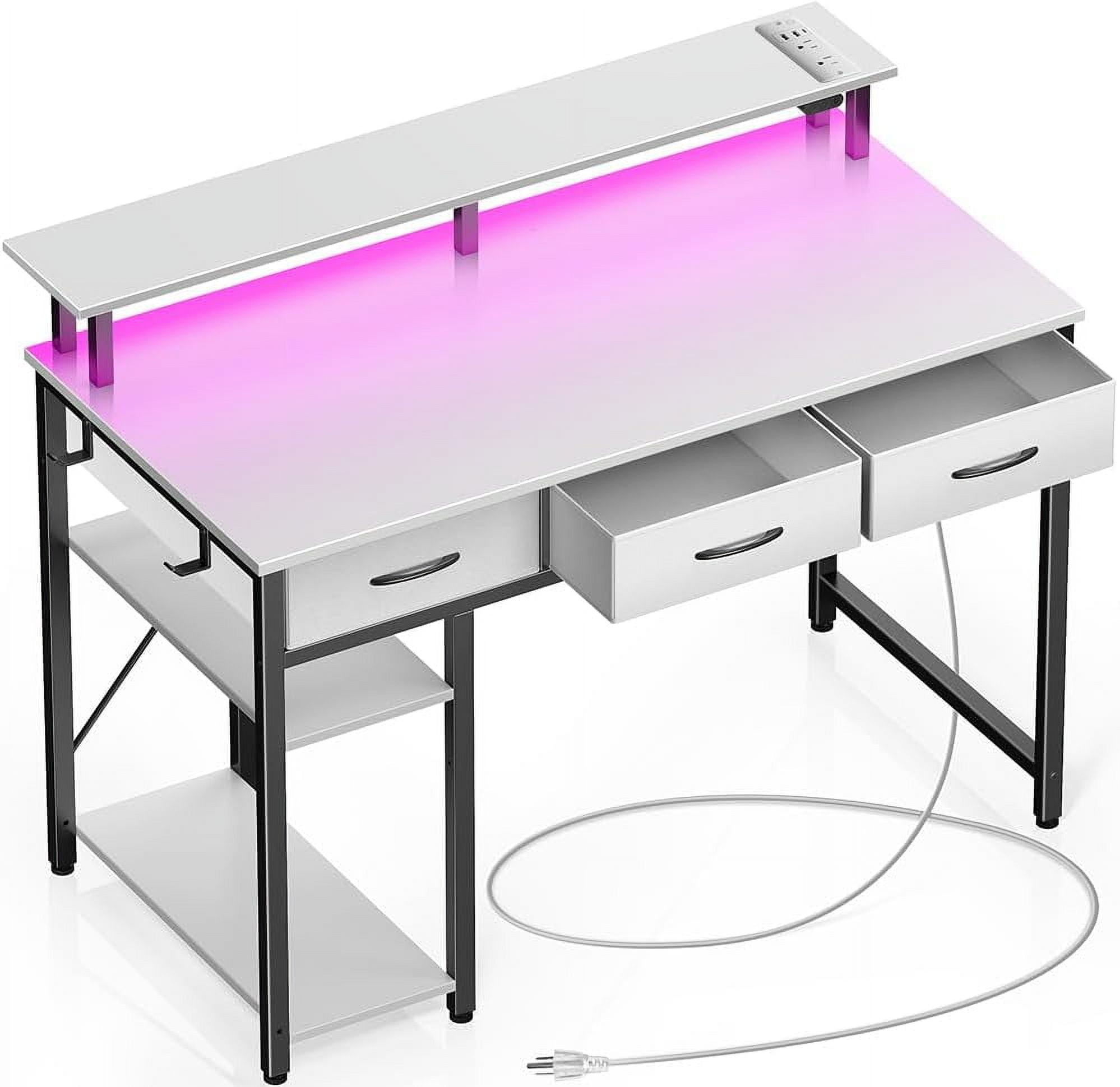 Computer Desk with Power Outlets & LED Light, 39 inch Home Office Desk ...