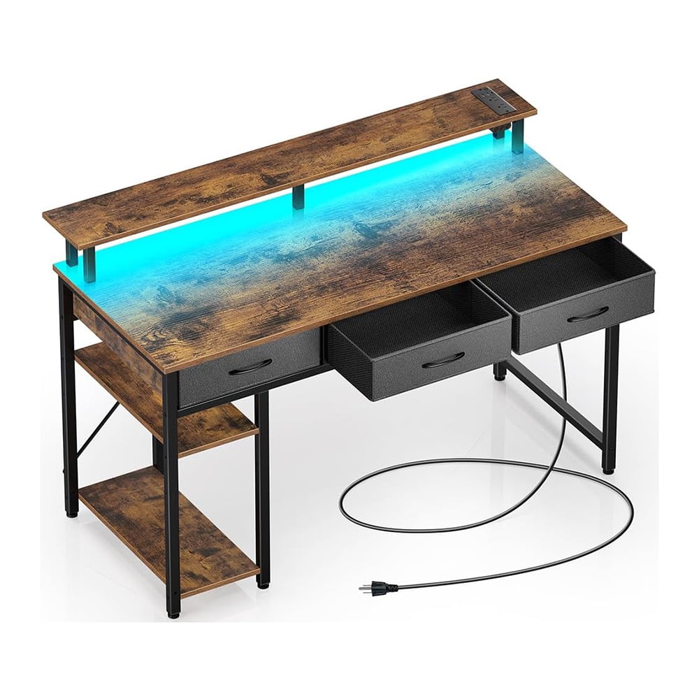 Computer Desk with Power Outlets & LED Light, 47 inch Home Office Desk ...