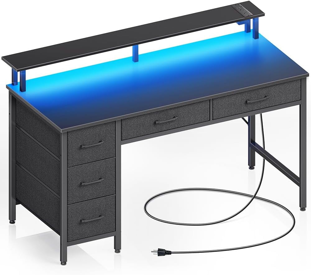 Computer Desk with Power Outlets & LED Light, 47 inch Home Office Desk ...