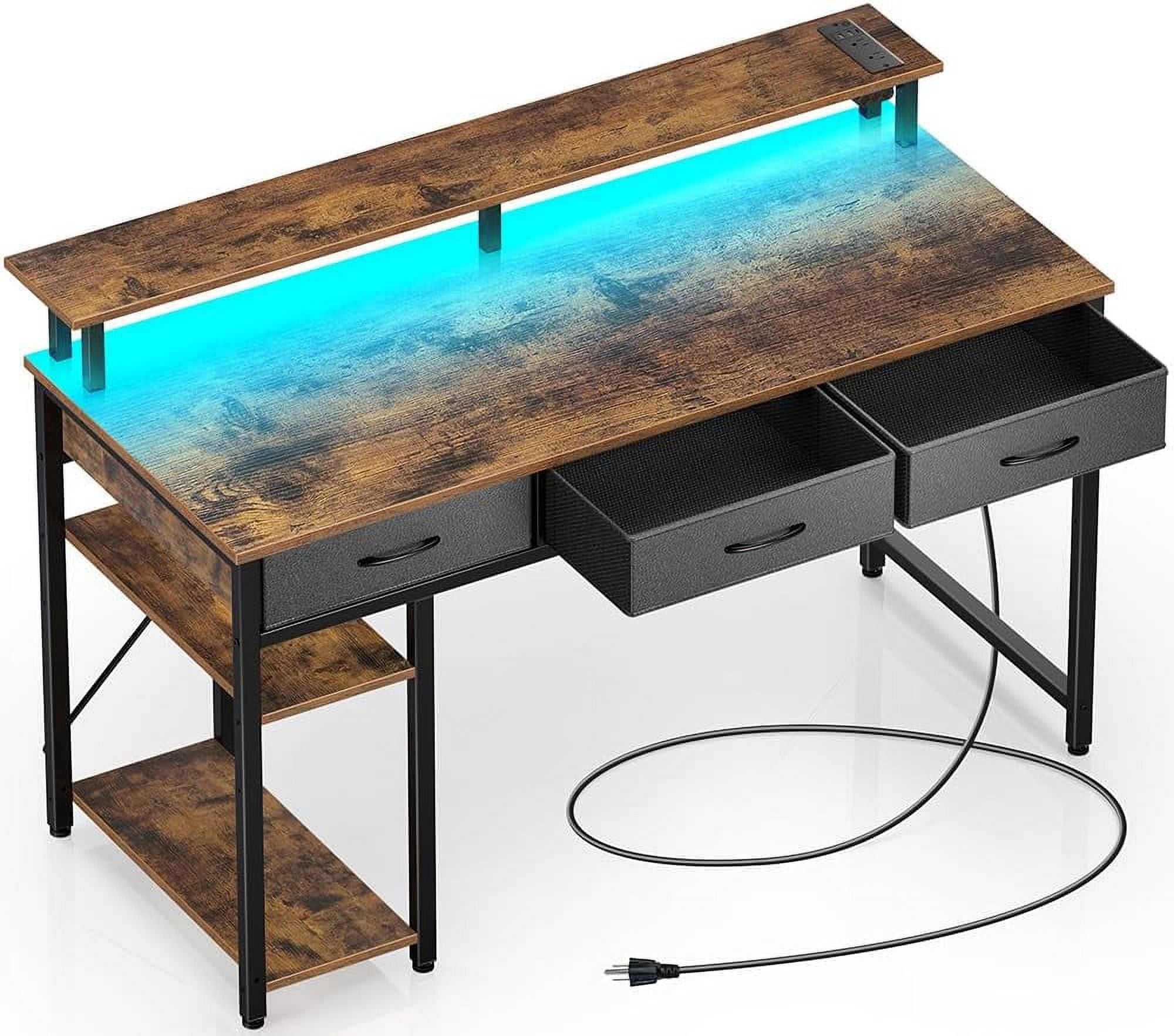 Computer Desk with Power Outlets & LED Light, 55 inch Home Office Desk ...