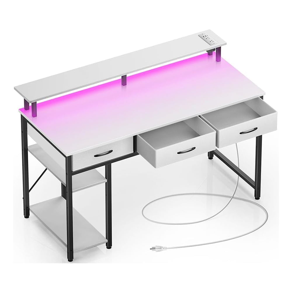 Computer Desk with Power Outlets & LED Light, 55inch Home Office Desk ...