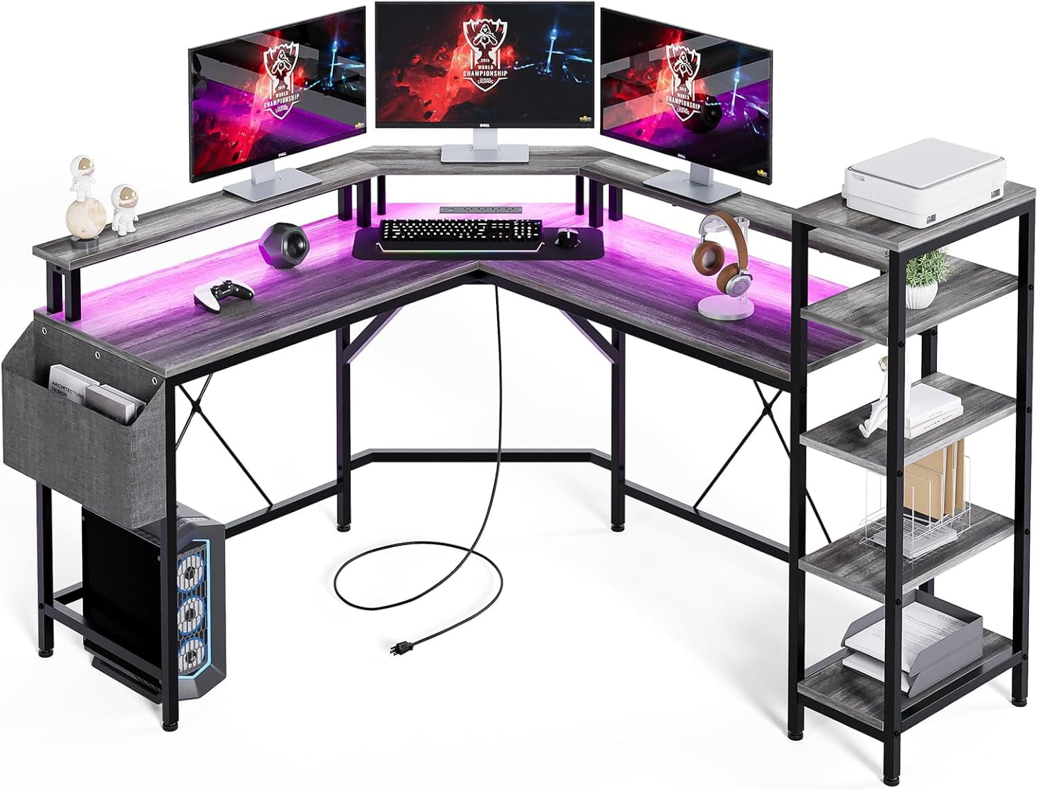 Computer Desk with Power Outlets & LED Lights, 62" L Shaped Desk with ...