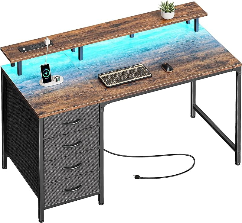 Computer Desk with Power Outlets and LED Lights, 63 Inches Gaming Desk ...