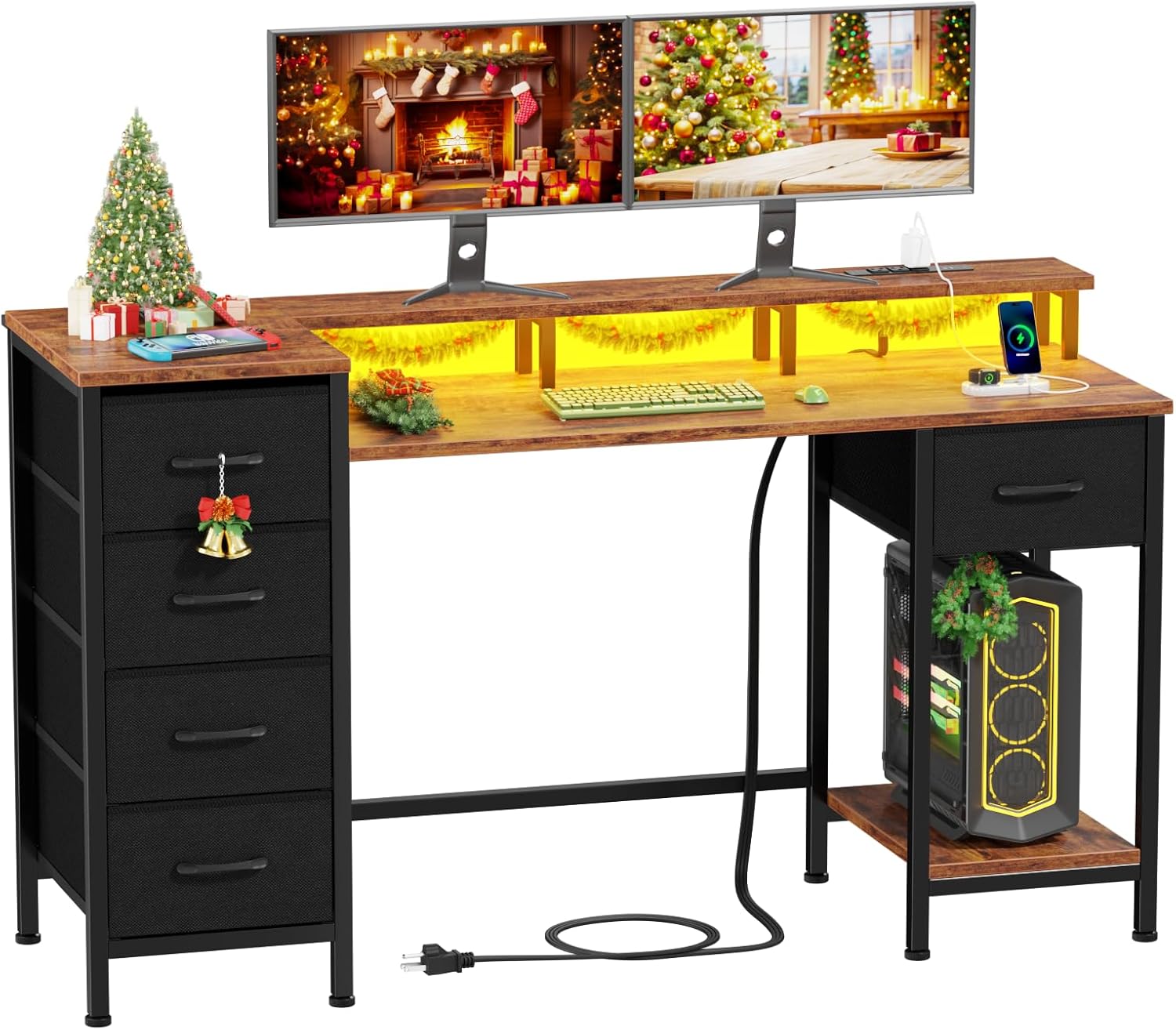 Computer Desk with Power Outlets & LED Lights, Reversible Gaming Desk ...