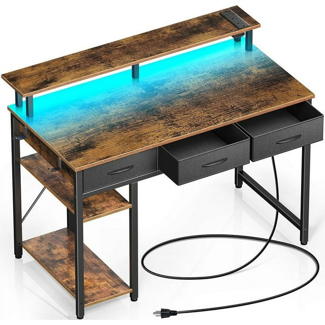 Computer Desk with Power Outlets & LED Light 39 inch Home Office Desk ...