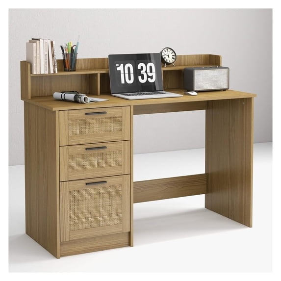 Computer Desk with Rattan Drawers and Hutch Shelf - 47 Inch Home Office ...