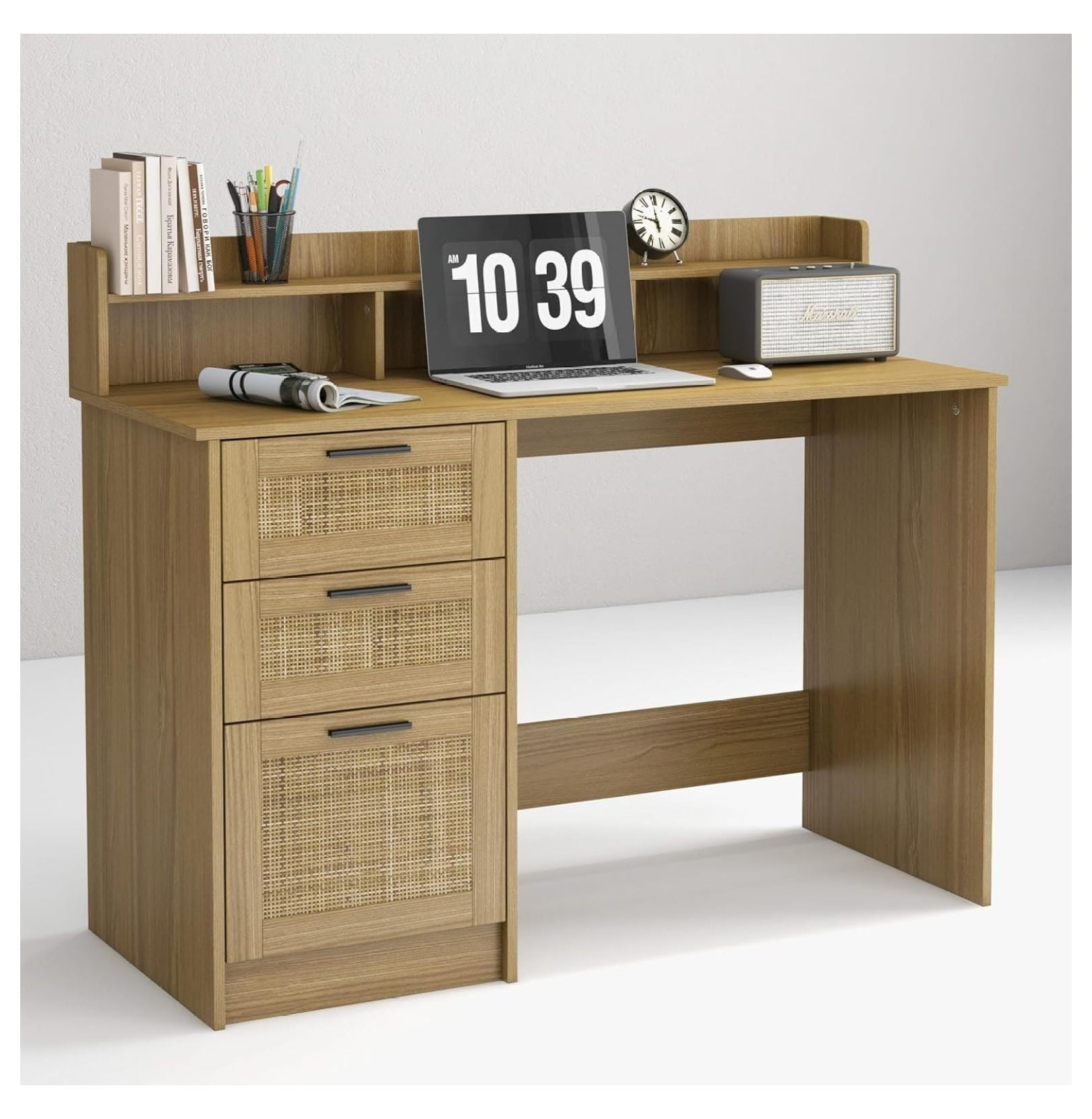 Computer Desk with Rattan Drawers and Hutch Shelf, Home Office writing ...