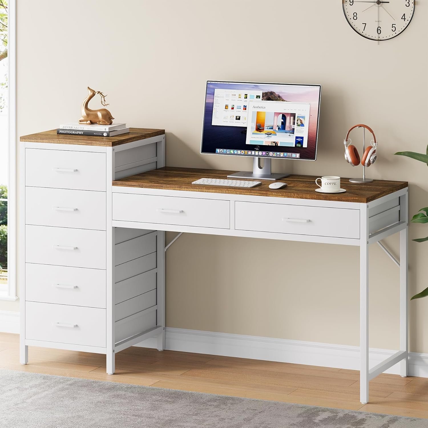 Computer Desk with Reversible Drawer, 55 inch Home Office Desks with 7 ...