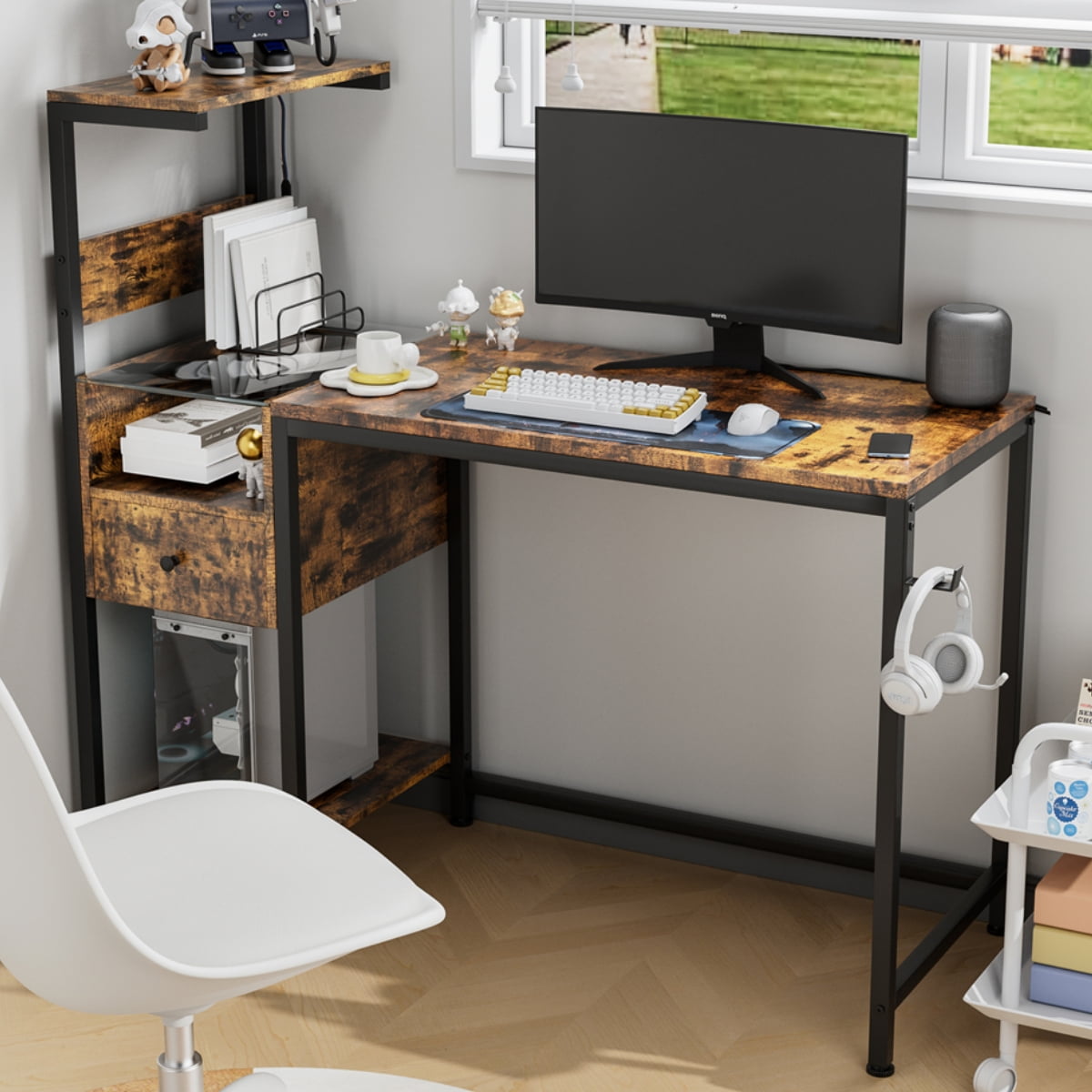 Computer Desk with Reversible Storage Shelves & Convenient Headphone ...