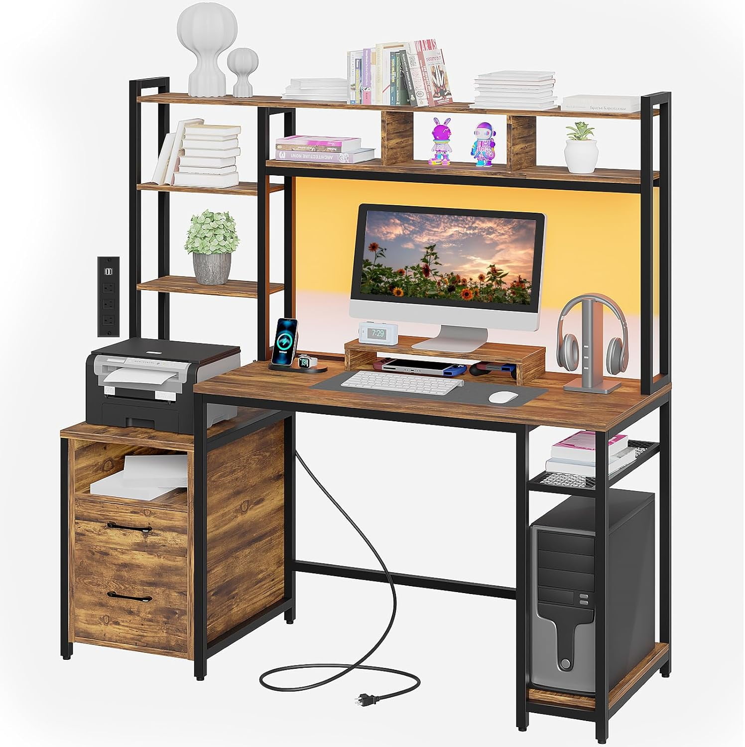 Computer Desk with Shelves and 2 Drawers, 59" Rustic Brown Office Desk ...