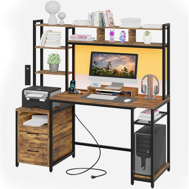 Computer Desk with Shelves and 2 Drawers, 59" Rustic Brown Office Desk ...