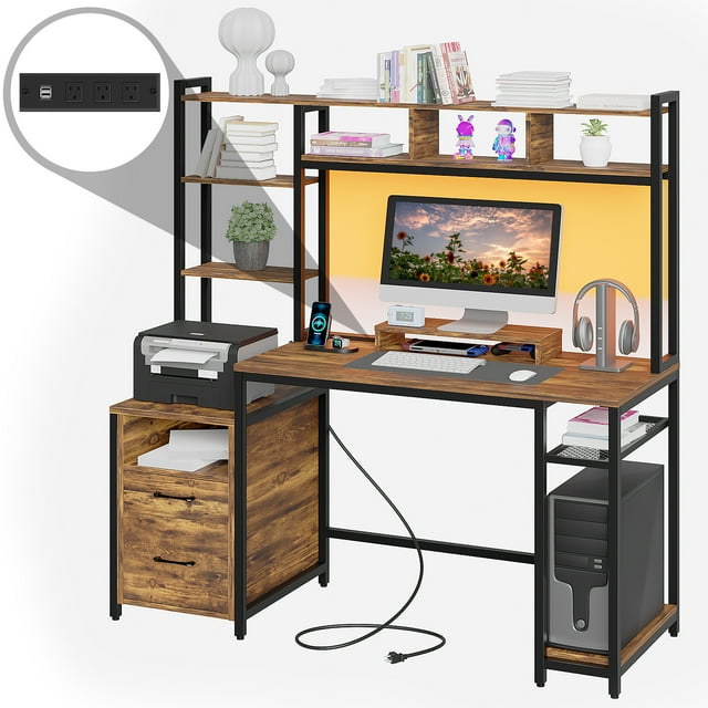 "Halitaa 59"" Gaming Desk with Drawers, Shelves, Hutch, LED Lights ...