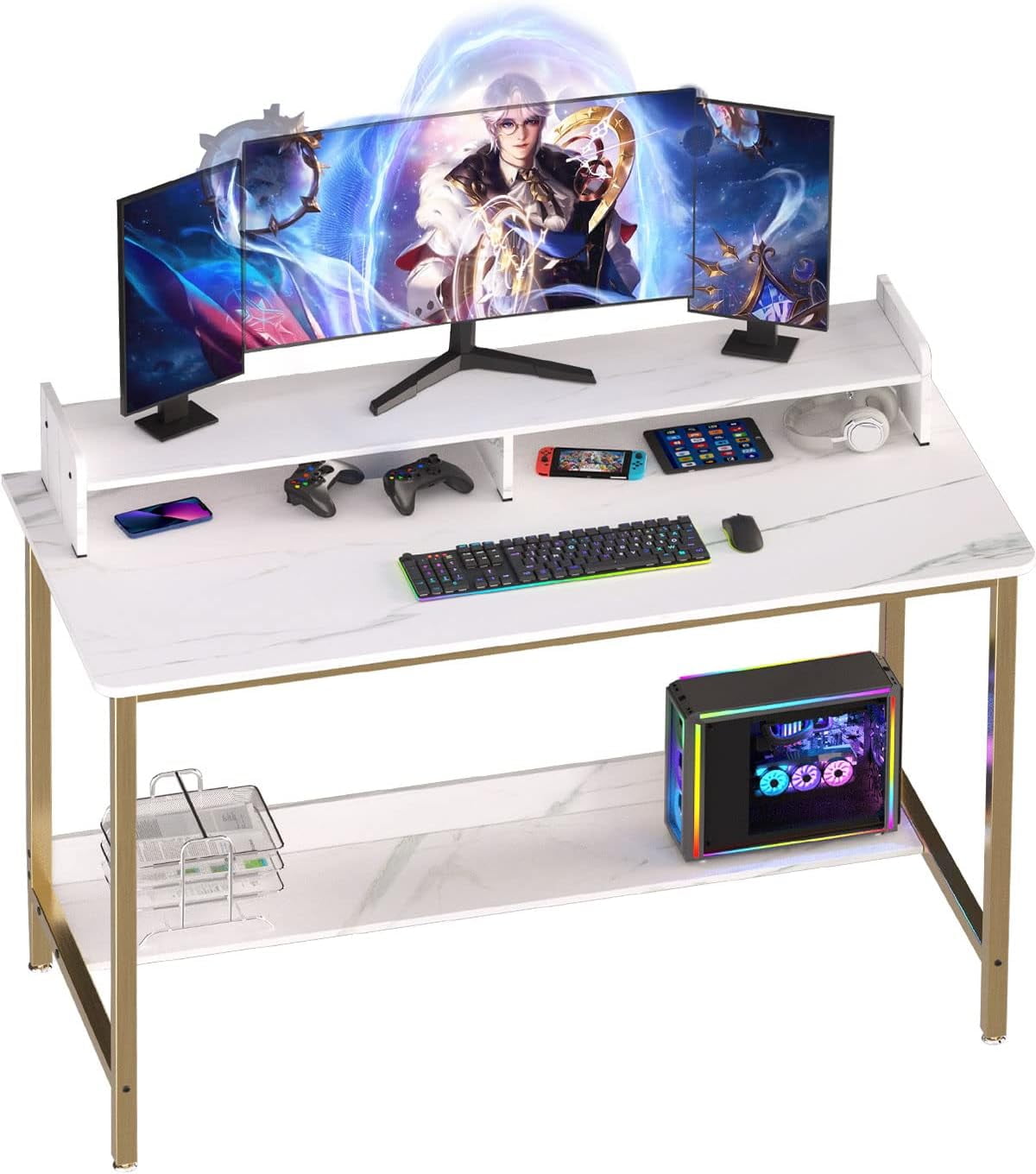 Computer Desk with Shelves, 43 Inch Gaming Writing Desk, Study PC Table ...