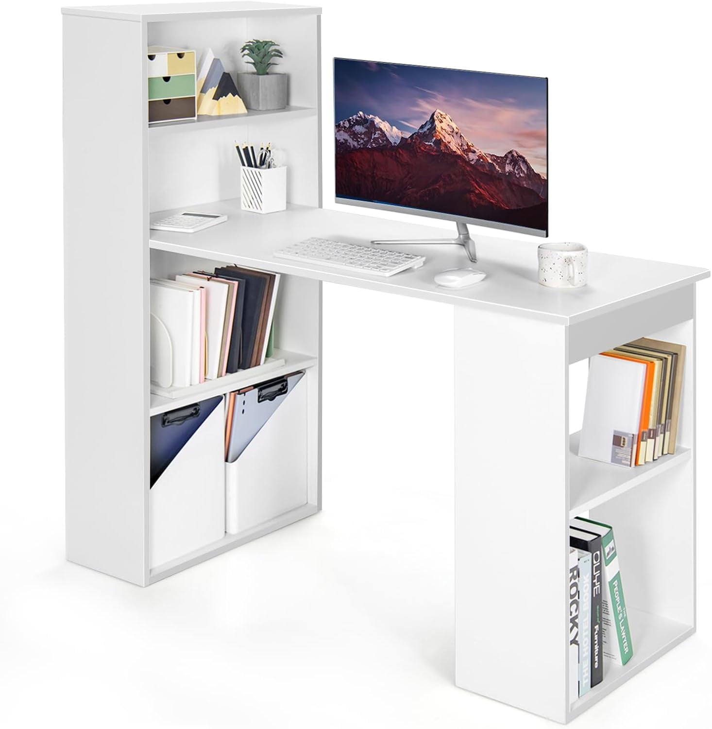 Computer Desk with Shelves, Corner Writing Desk with 6-Tier Storage ...